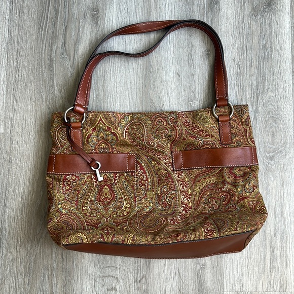 Fossil | Bags | Vintage Fossil Brown Cotton And Leather Hobo Paisley ...
